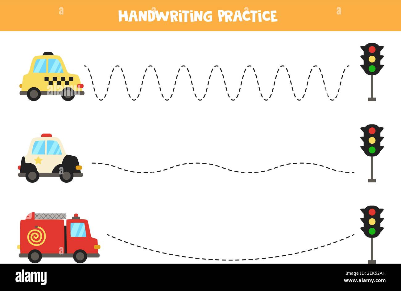 Tracing lines for kids with cartoon taxi, police car and fire engine ...