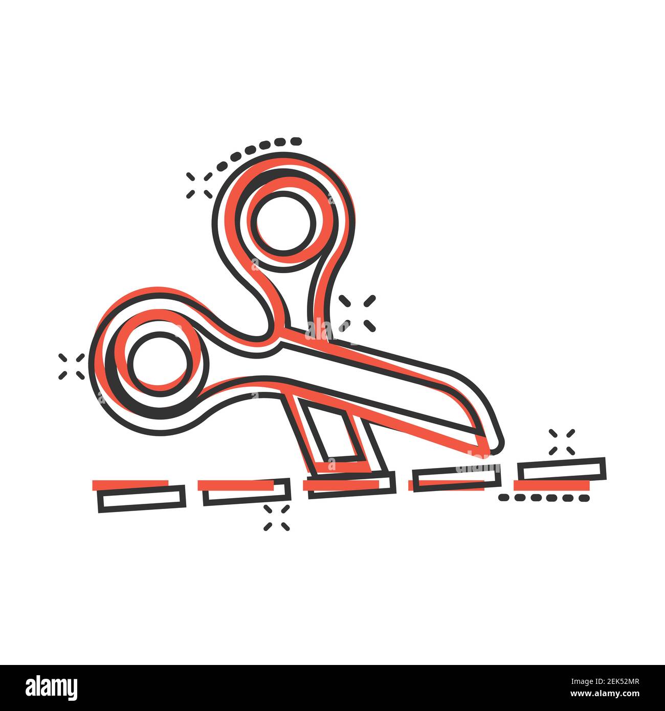 Scissor with cutting line icon in comic style. Cut equipment cartoon ...
