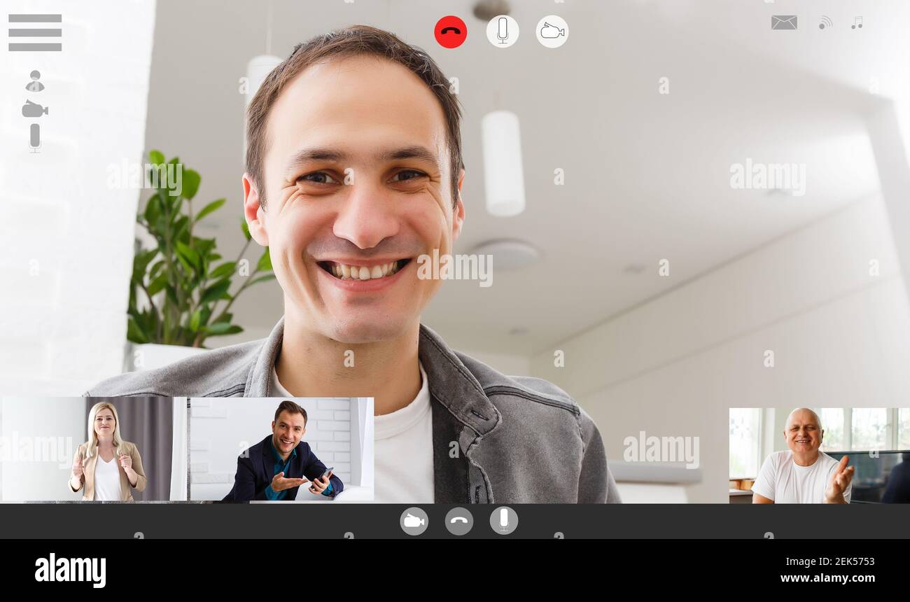 Headshot portrait screen application view of young businessman talk on ...