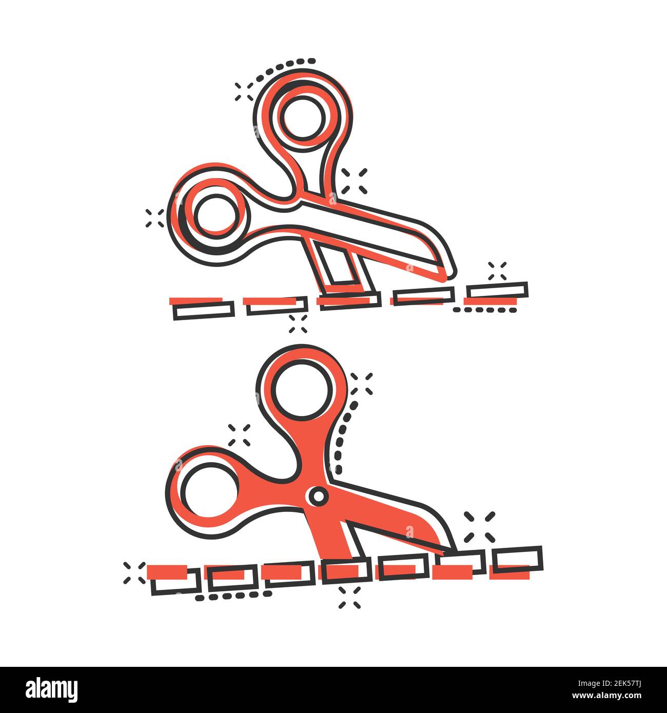 Scissor with cutting line icon in comic style. Cut equipment cartoon ...