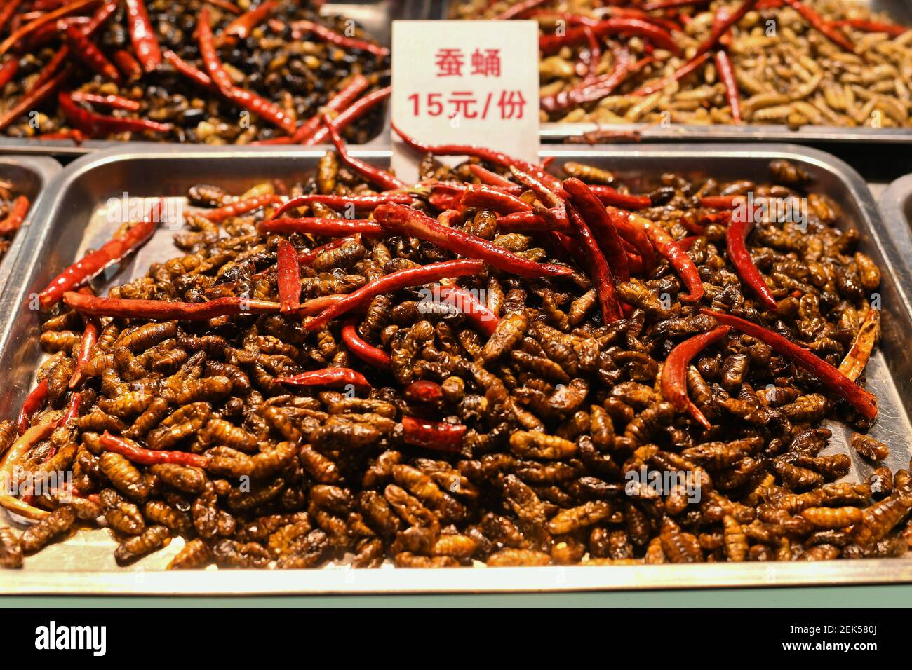 Deep fried insects are sold at a night market in Nanning city, south ...