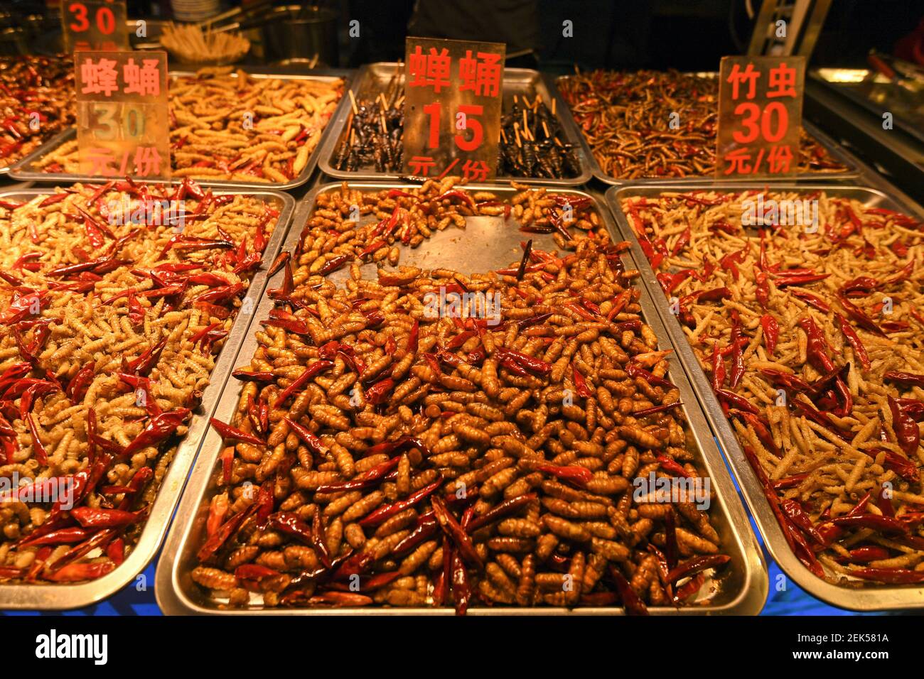 Deep fried insects are sold at a night market in Nanning city, south ...