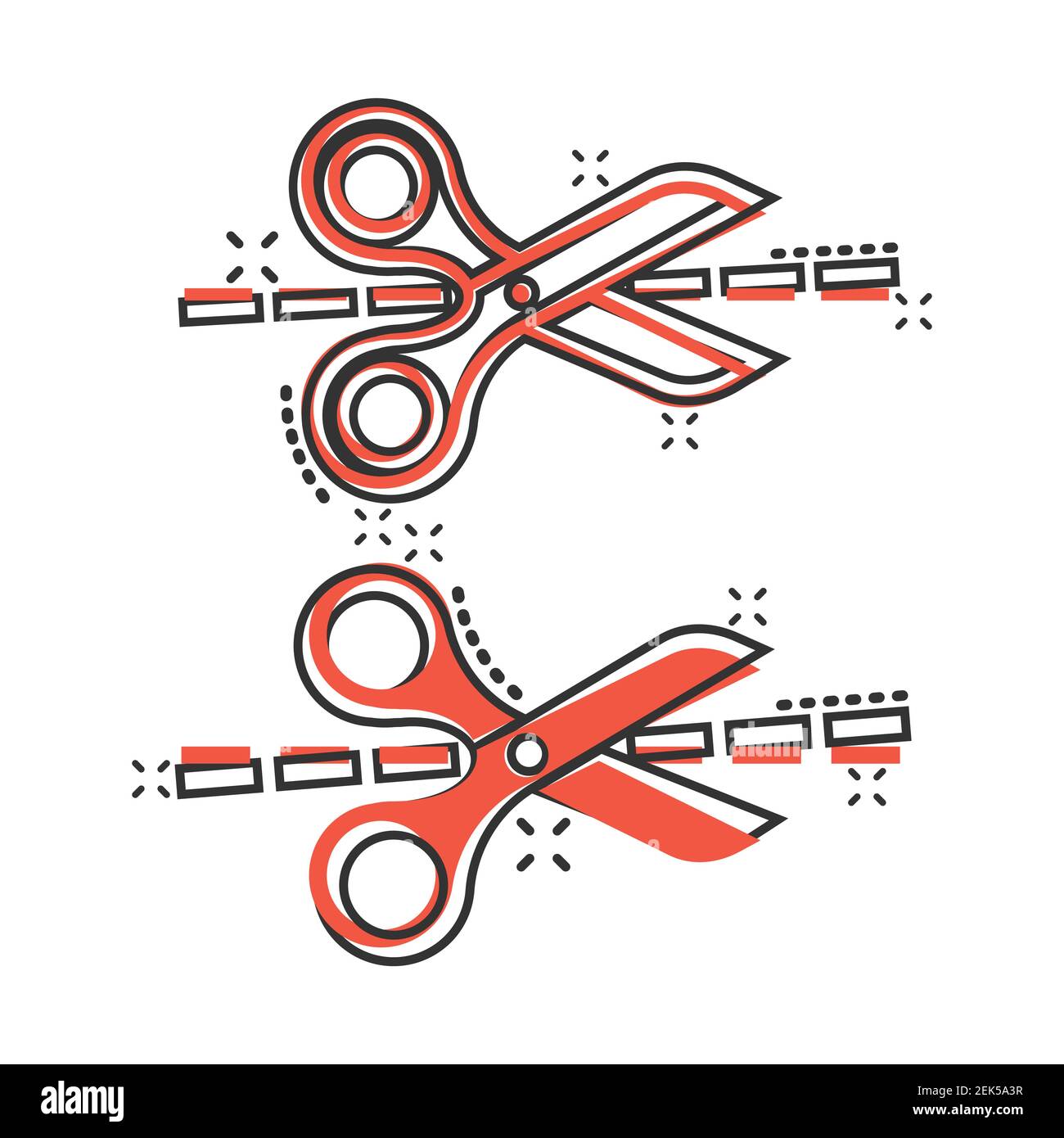 Scissor with cutting line icon in comic style. Cut equipment cartoon ...