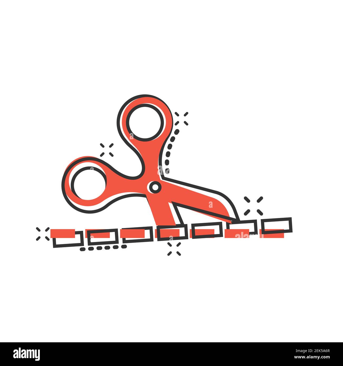 Scissor with cutting line icon in comic style. Cut equipment cartoon ...