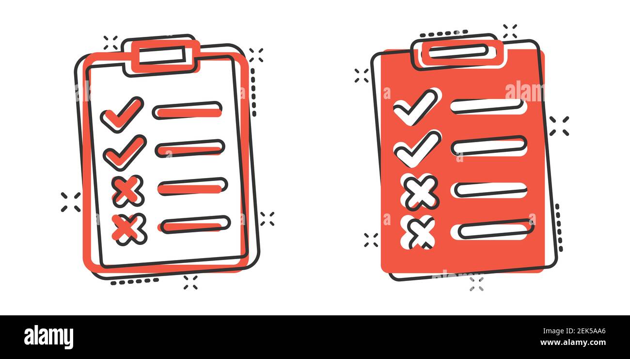 Document checklist icon in comic style. Report cartoon vector ...