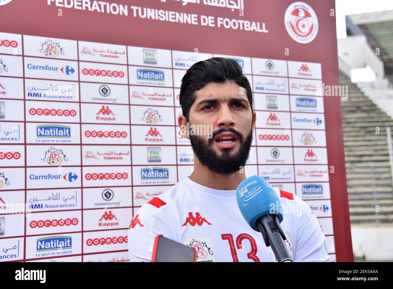 Tunisian player Ferjani sassi speaks to the press after training at the ...