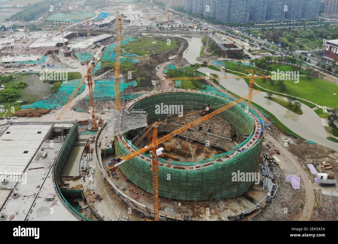 Bird view of the construction of the ping pong stadium for 2022 Asian ...
