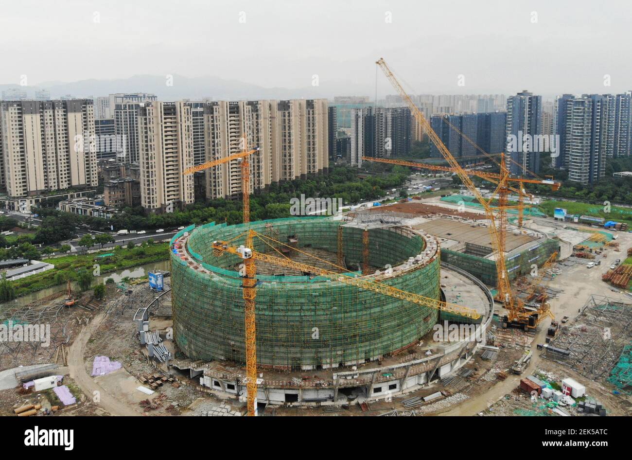 Bird view of the construction of the ping pong stadium for 2022 Asian ...