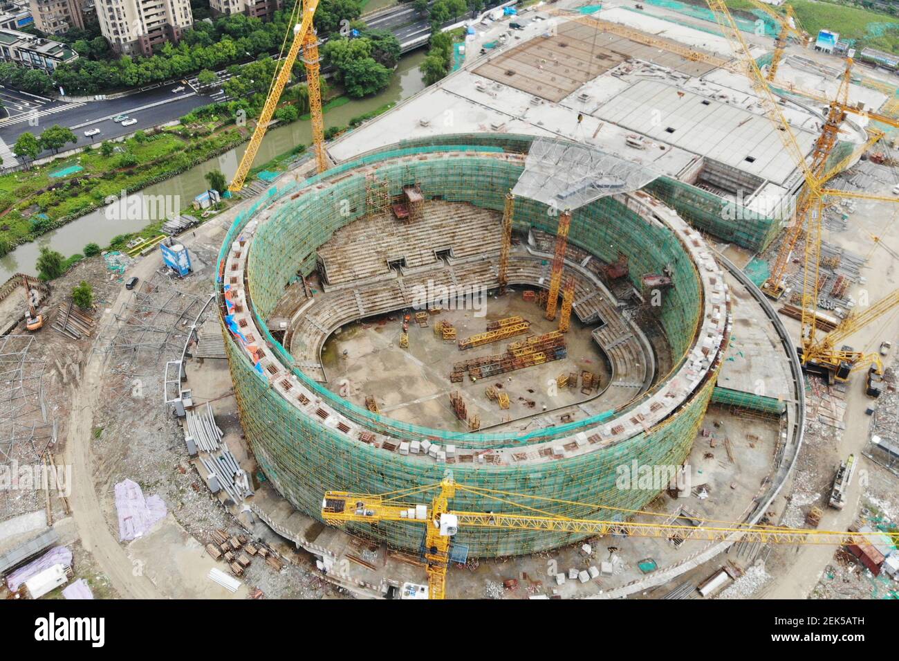 Bird view of the construction of the ping pong stadium for 2022 Asian ...