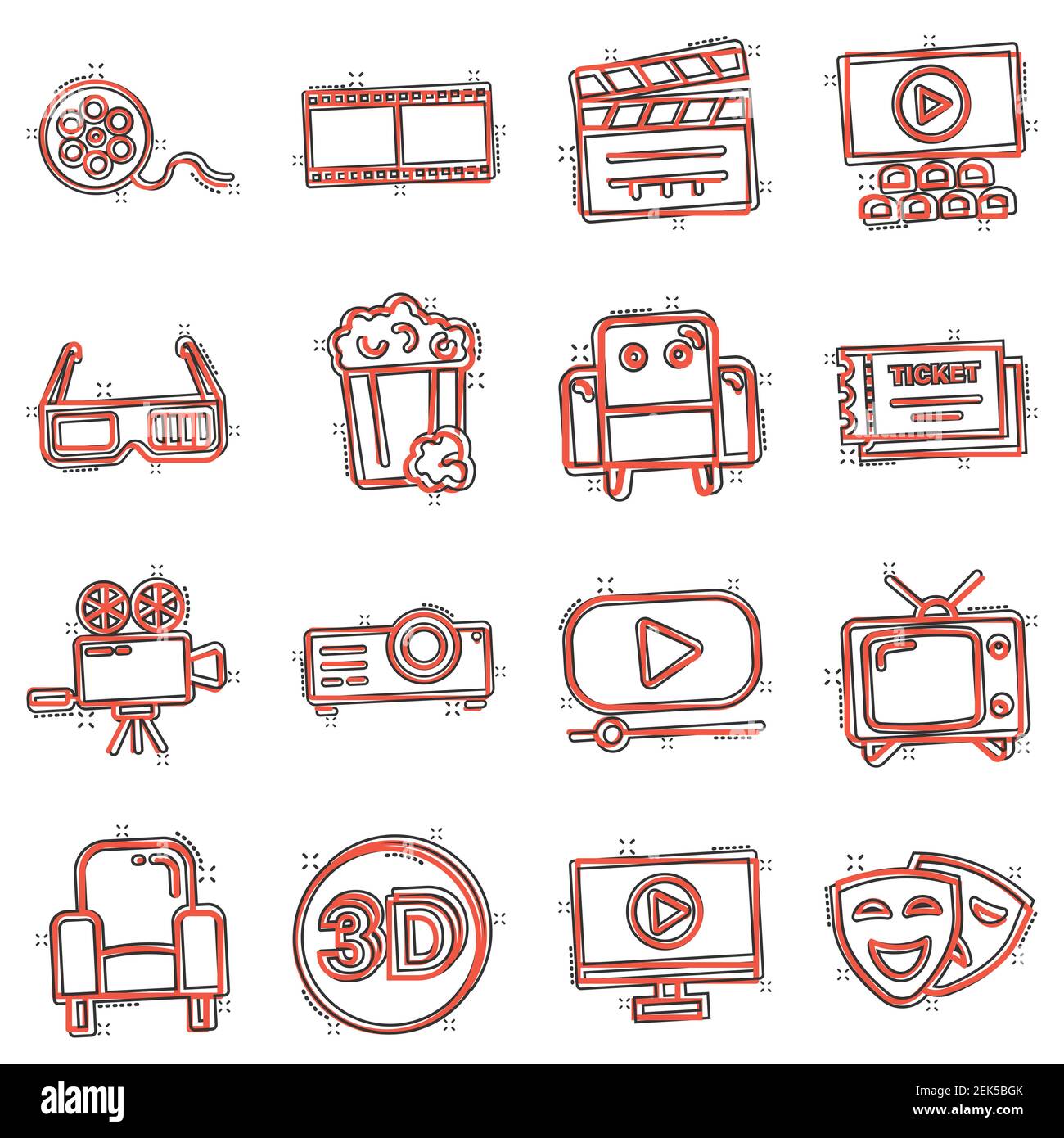 Cinema line icons in comic style. Entertainment set cartoon vector ...