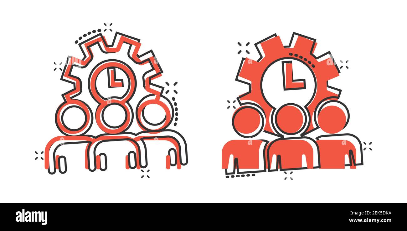 People and clock icon in comic style. Gear with user cartoon vector ...