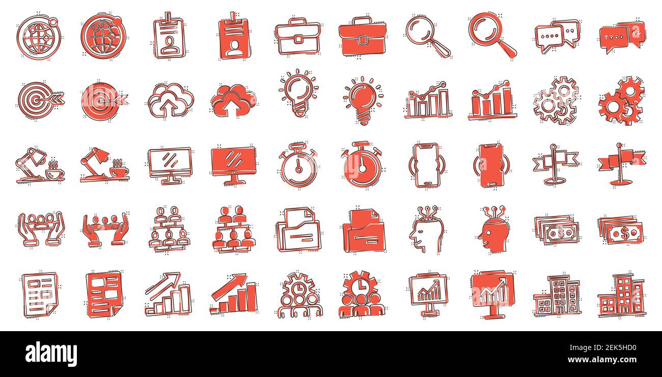 Business icons set in comic style. Finance strategy cartoon vector ...