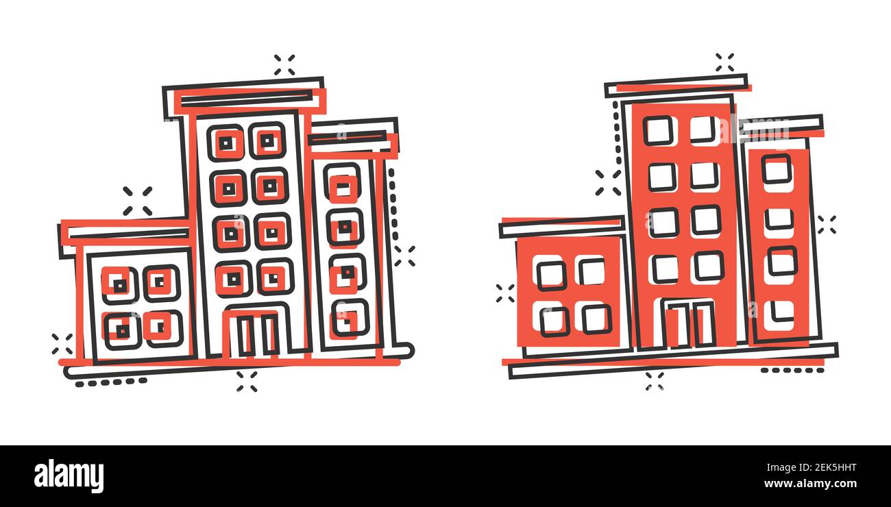 Office building sign icon in comic style. Apartment cartoon vector ...