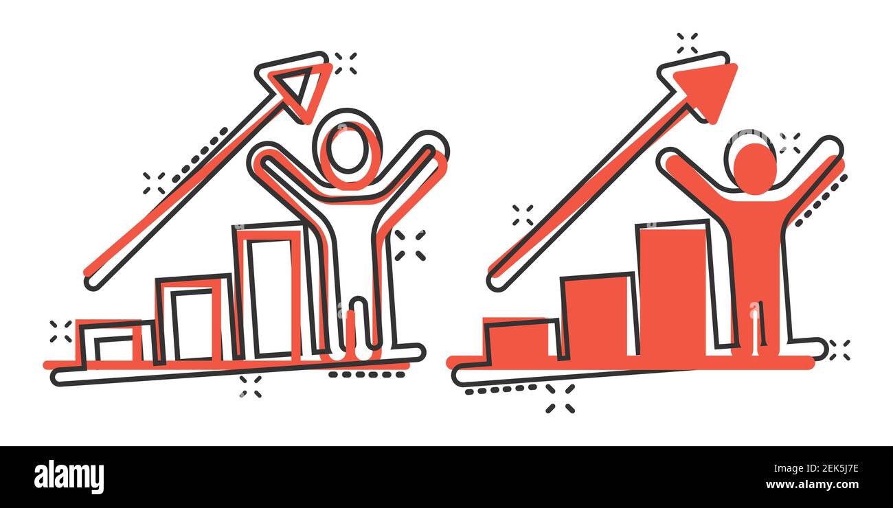 People with growth arrow icon in comic style. Work strategy cartoon ...