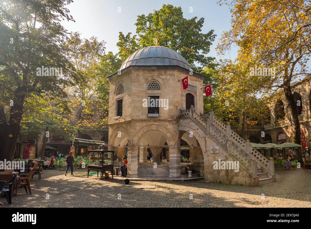 Tea gardens and silk shops in Koza Han Silk Bazaar, Bursa, Turkey Stock ...