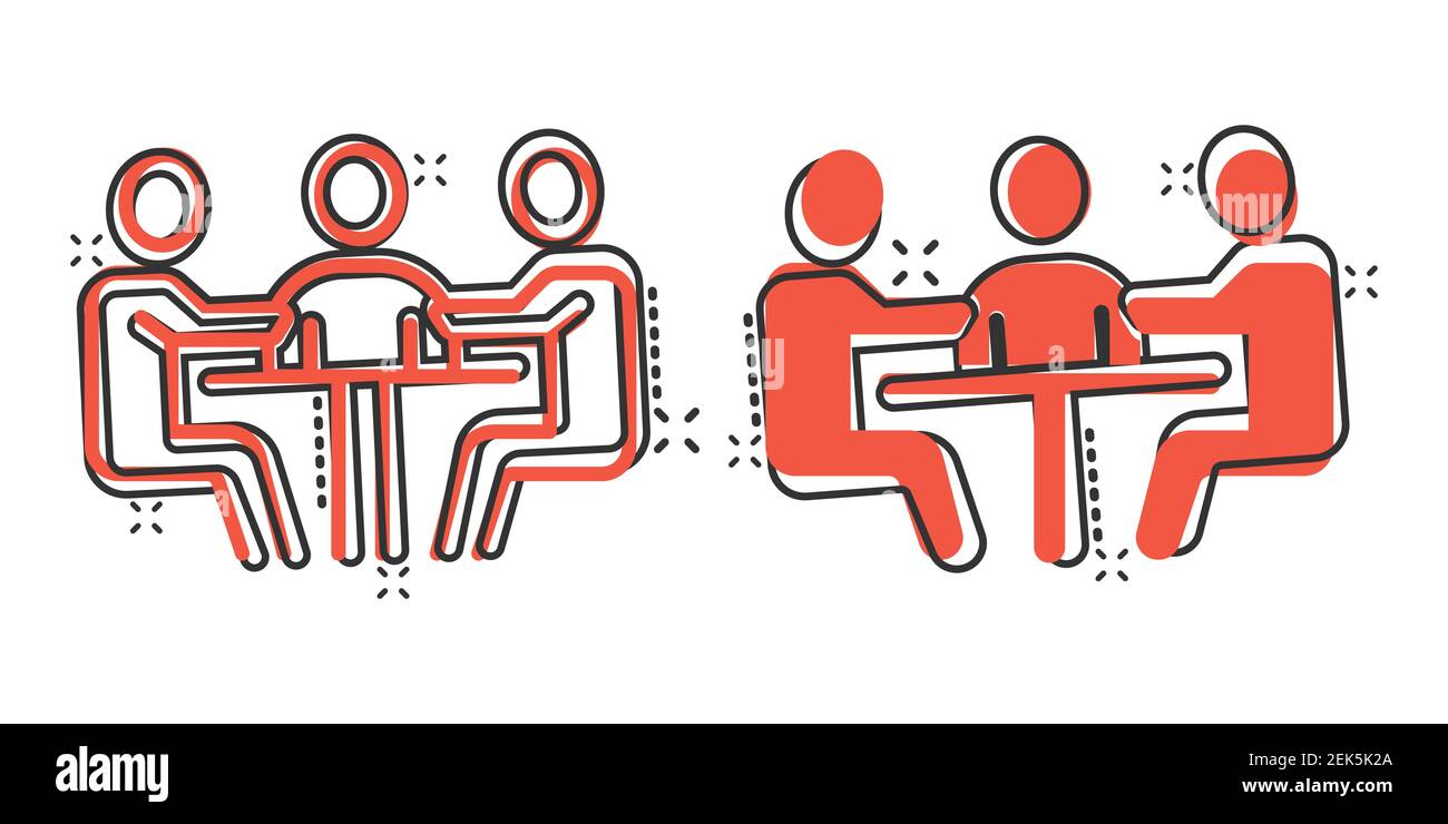 People with table icon in comic style. Teamwork conference cartoon ...