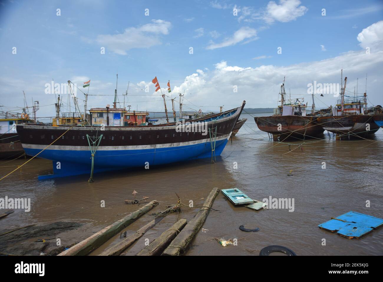 Boats are seen parked at Karanja jetty in Uran. Fishing is not allowed ...