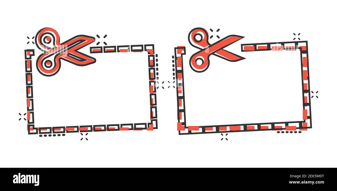 Coupon cut lines icon in comic style. Scissors snip cartoon sign vector ...
