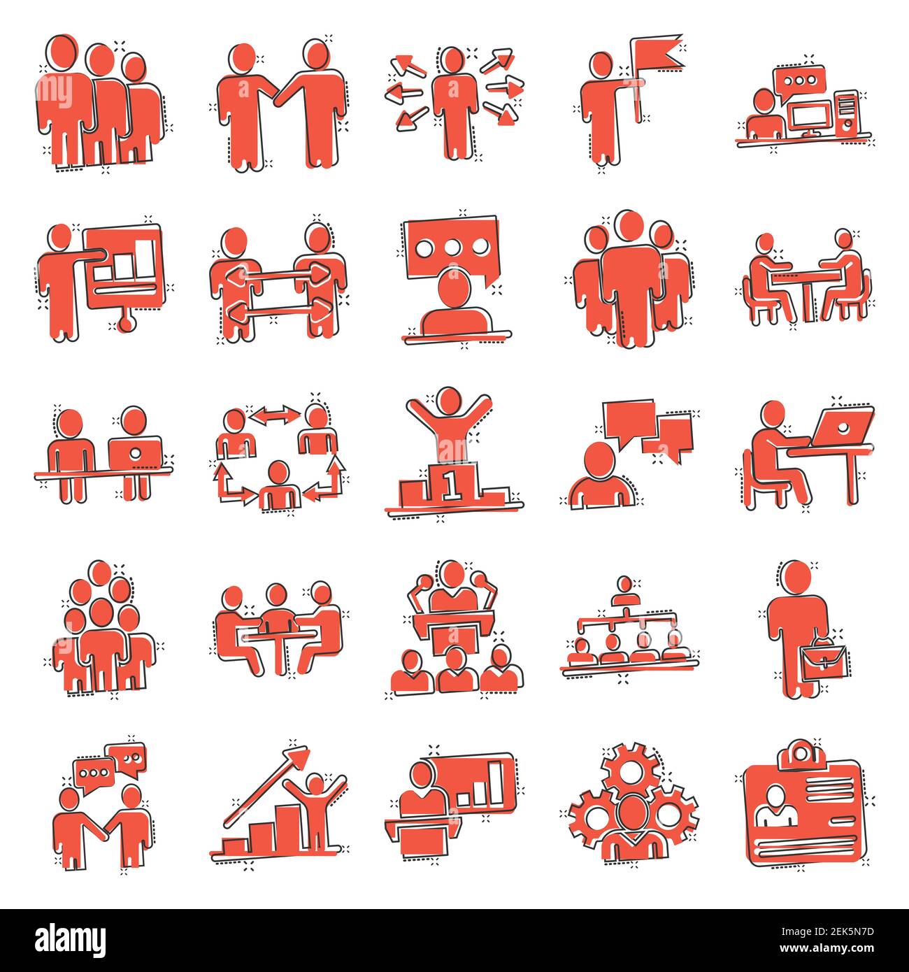 Business communication contour icon set in comic style. Team structure ...