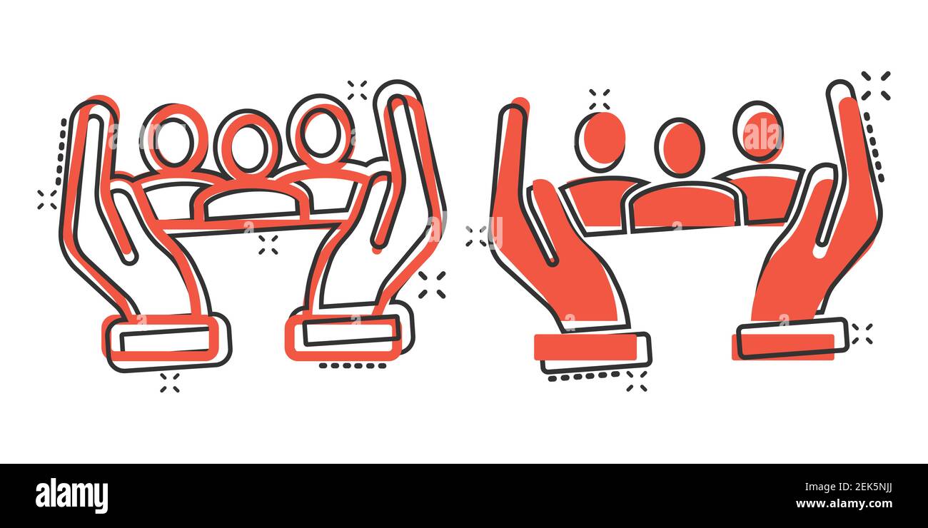 People and hand icon in comic style. Protect life cartoon vector ...