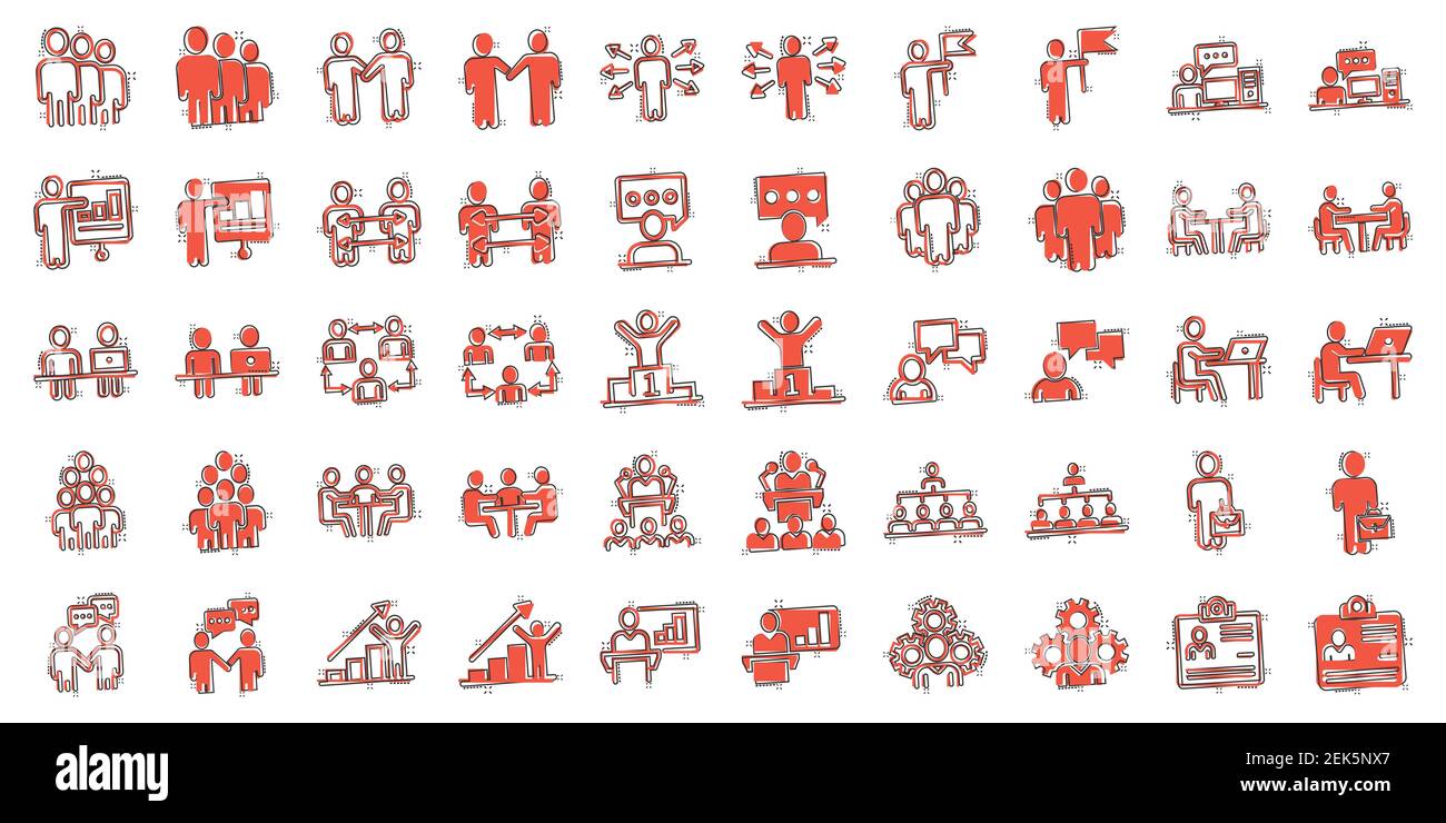 Business communication contour icon set in comic style. Team structure ...