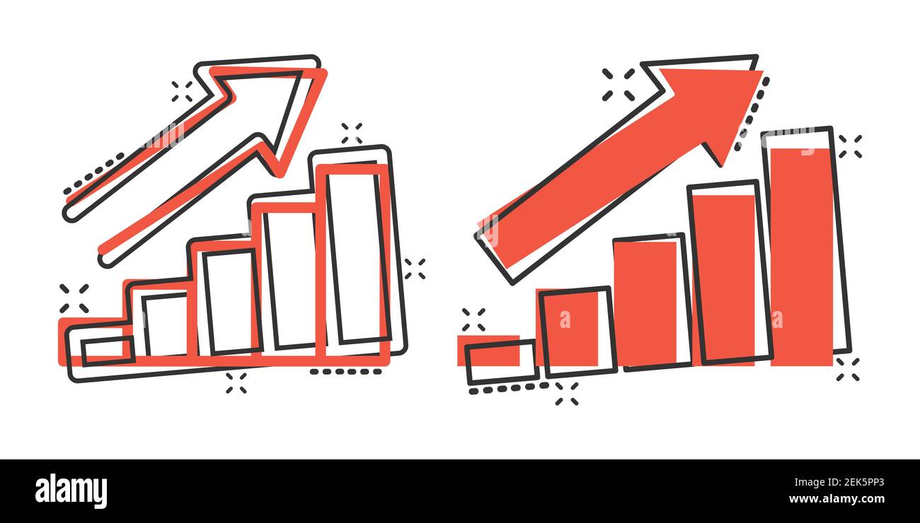 Growing bar graph icon in comic style. Increase arrow cartoon vector ...