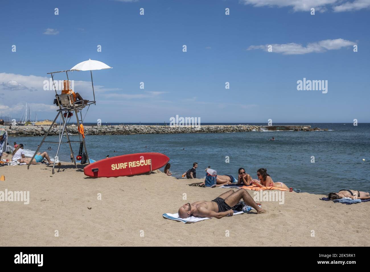 A lifeguard is seen on the beach of Barceloneta amid coronavirus crisis ...