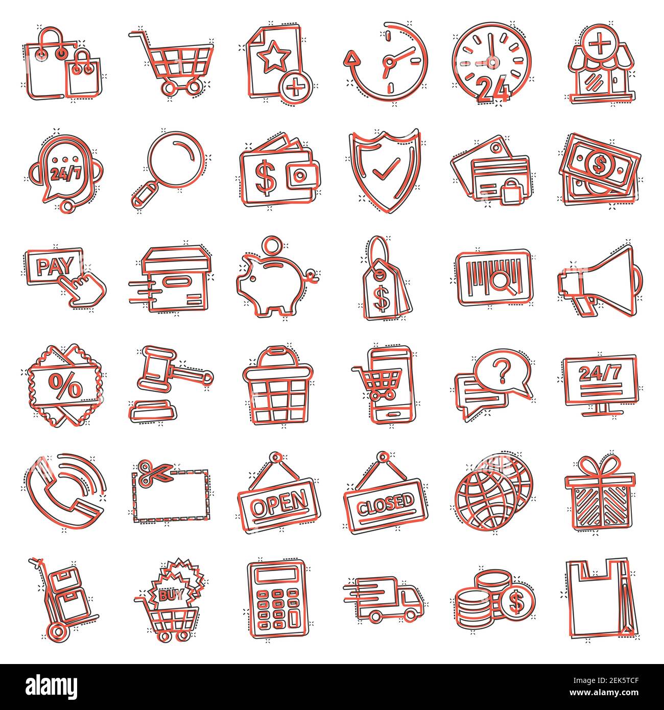 Shopping icon set in comic style. Online commerce cartoon vector ...