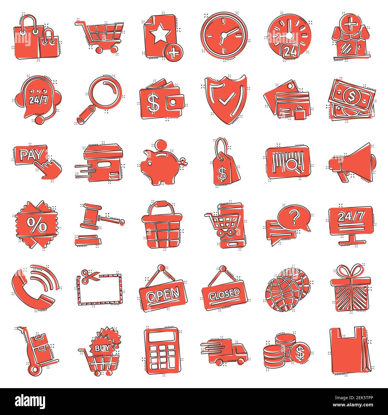 Shopping icon set in comic style. Online commerce cartoon vector ...