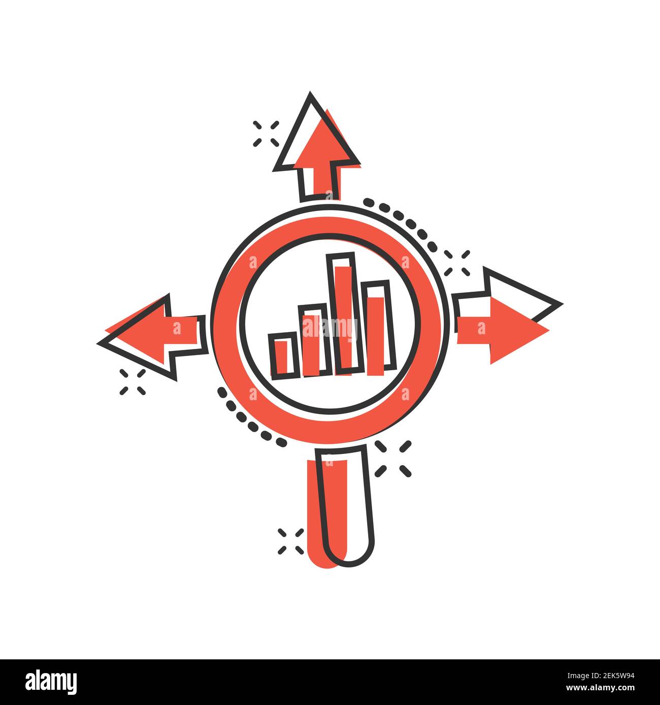 Market trend icon in comic style. Growth arrow with magnifier cartoon ...