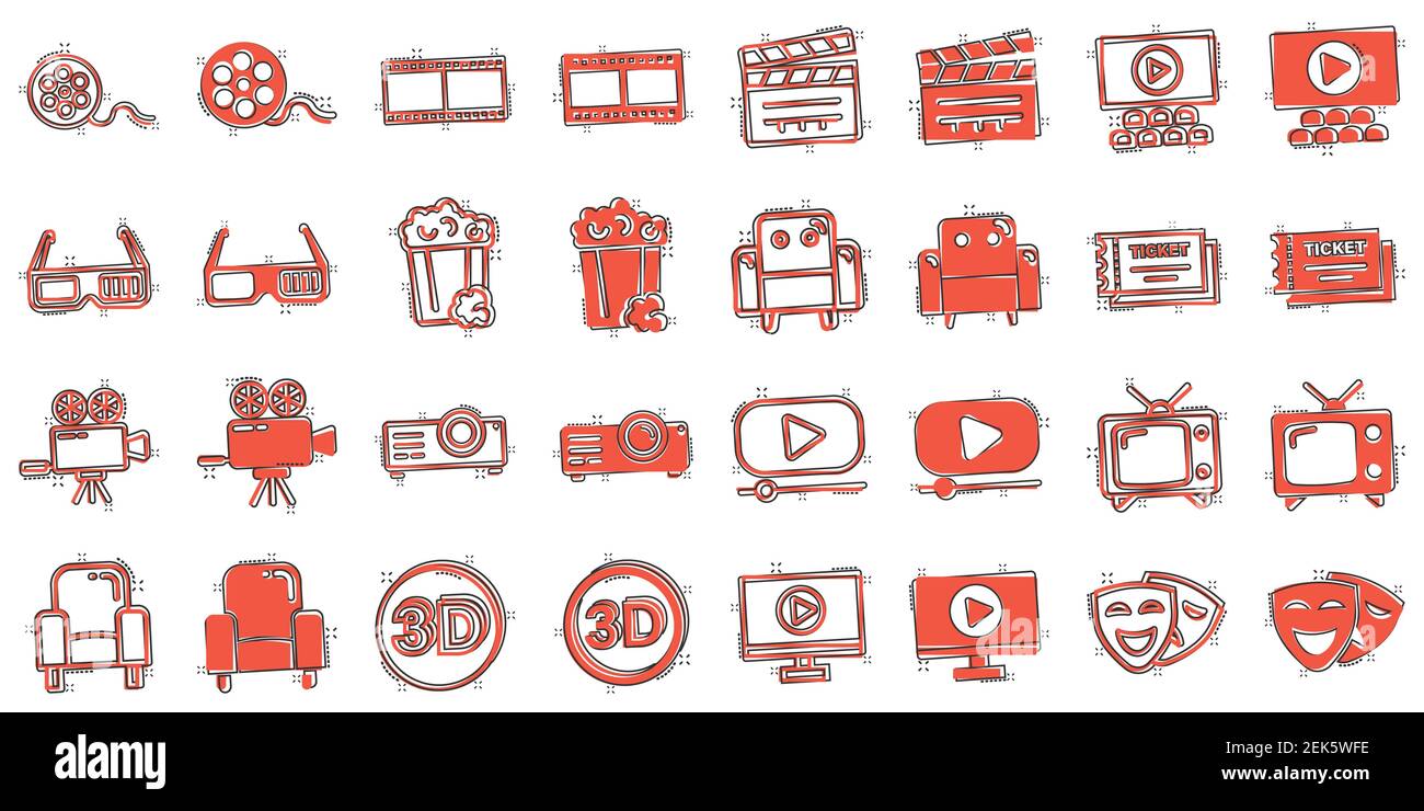 Cinema line icons in comic style. Entertainment set cartoon vector ...