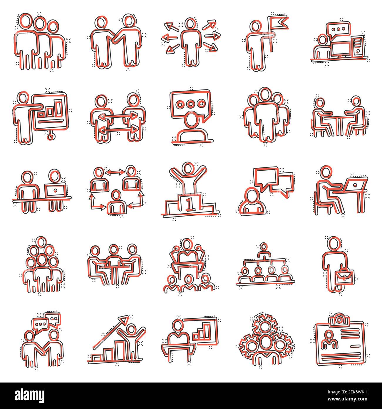 Business communication contour icon set in comic style. Team structure ...