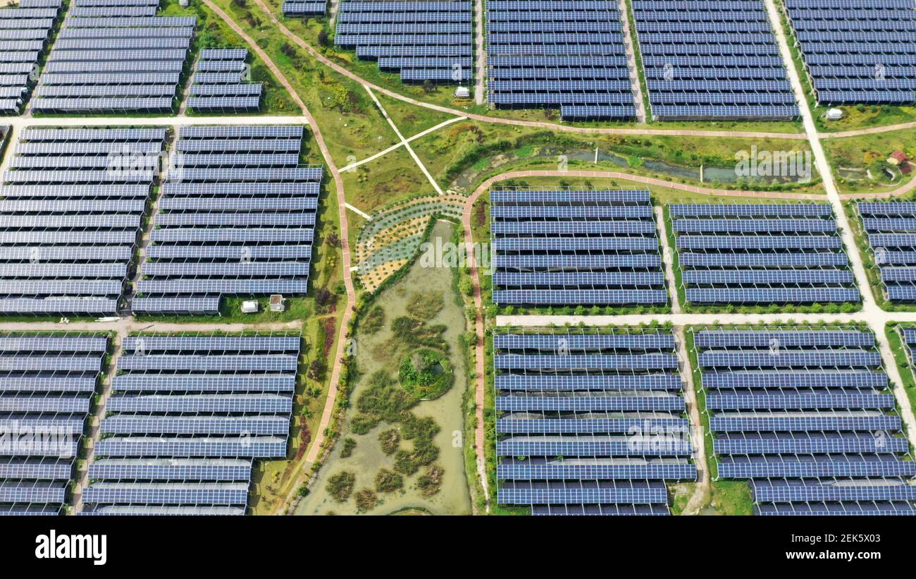 ANLONG, CHINA - JUNE 15, 2020 - Aerial photo of solar panels of the ...