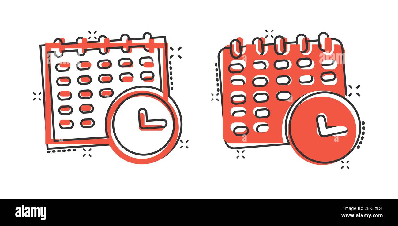 Calendar with clock icon in comic style. Agenda cartoon vector ...