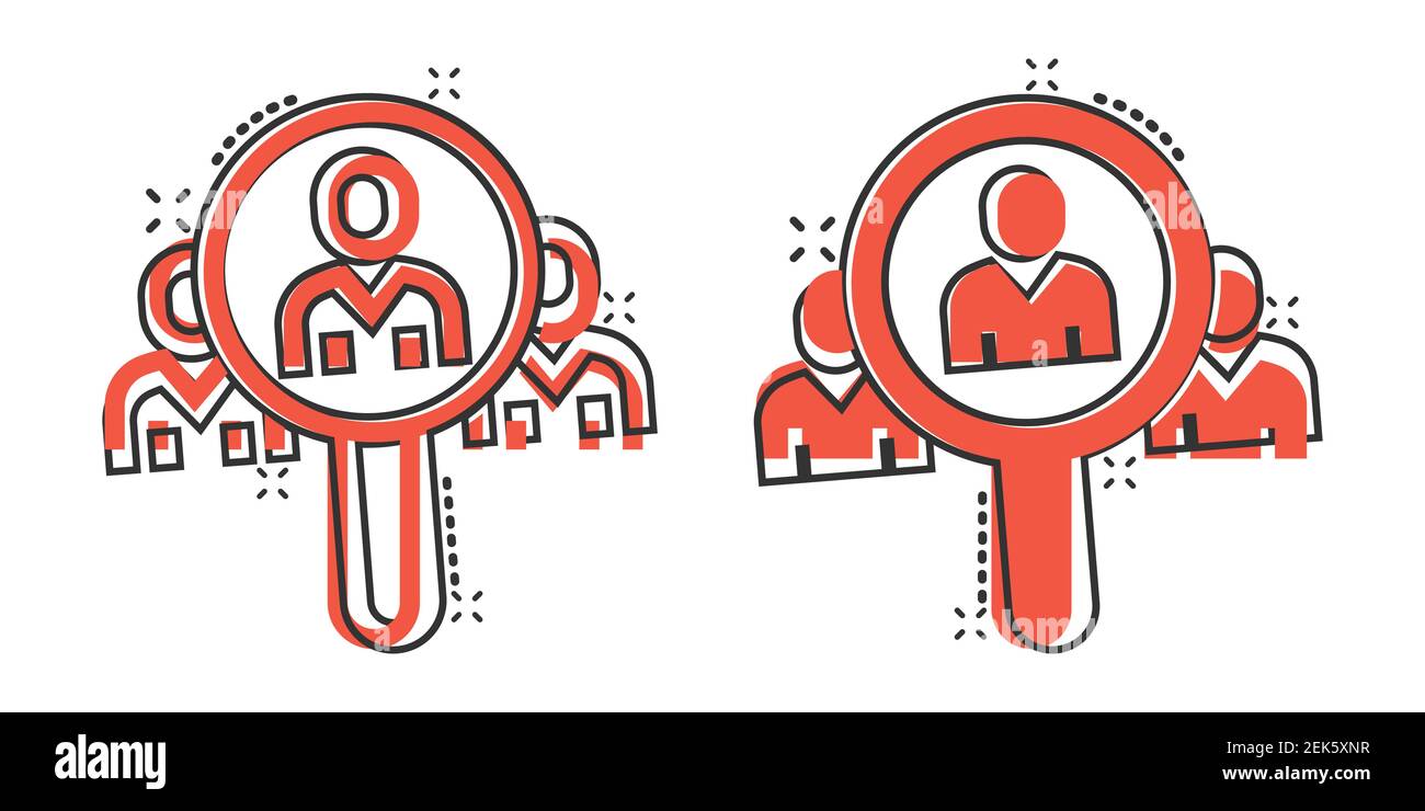 Search job vacancy icon in comic style. Loupe career cartoon vector ...