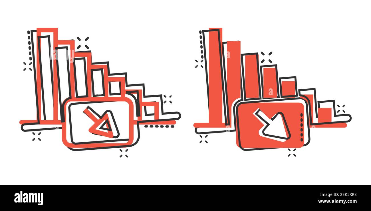 Market trend icon in comic style. Decline arrow with magnifier cartoon vector illustration on ...