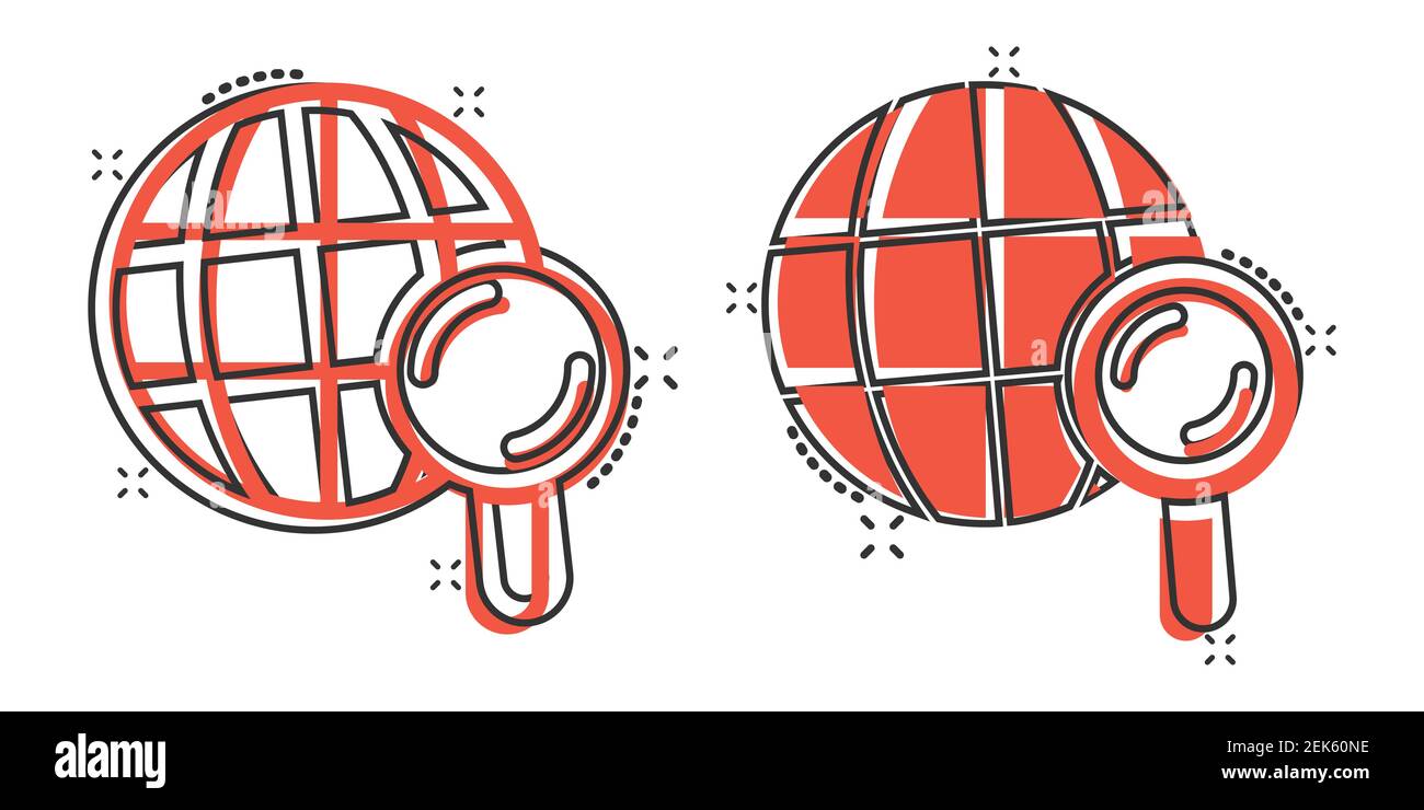 Globe search icon in comic style. Network navigation cartoon vector ...