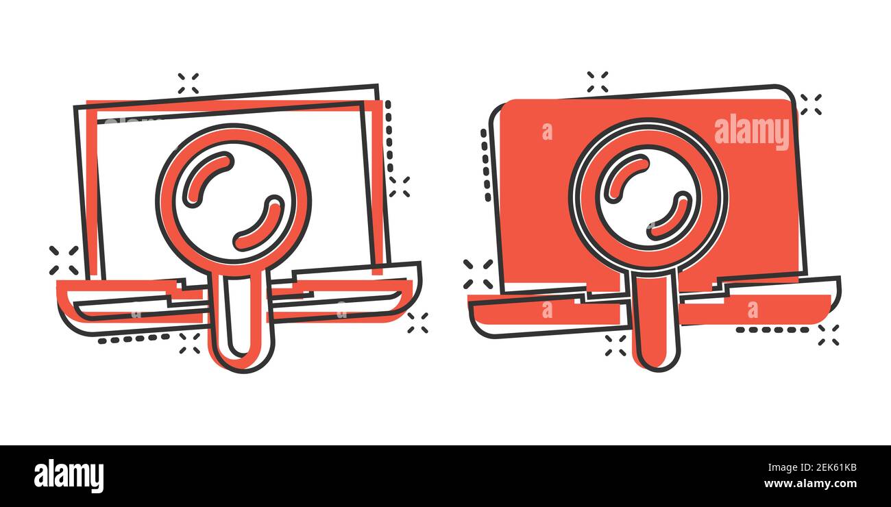 Computer search icon in comic style. Laptop with magnifying glass ...
