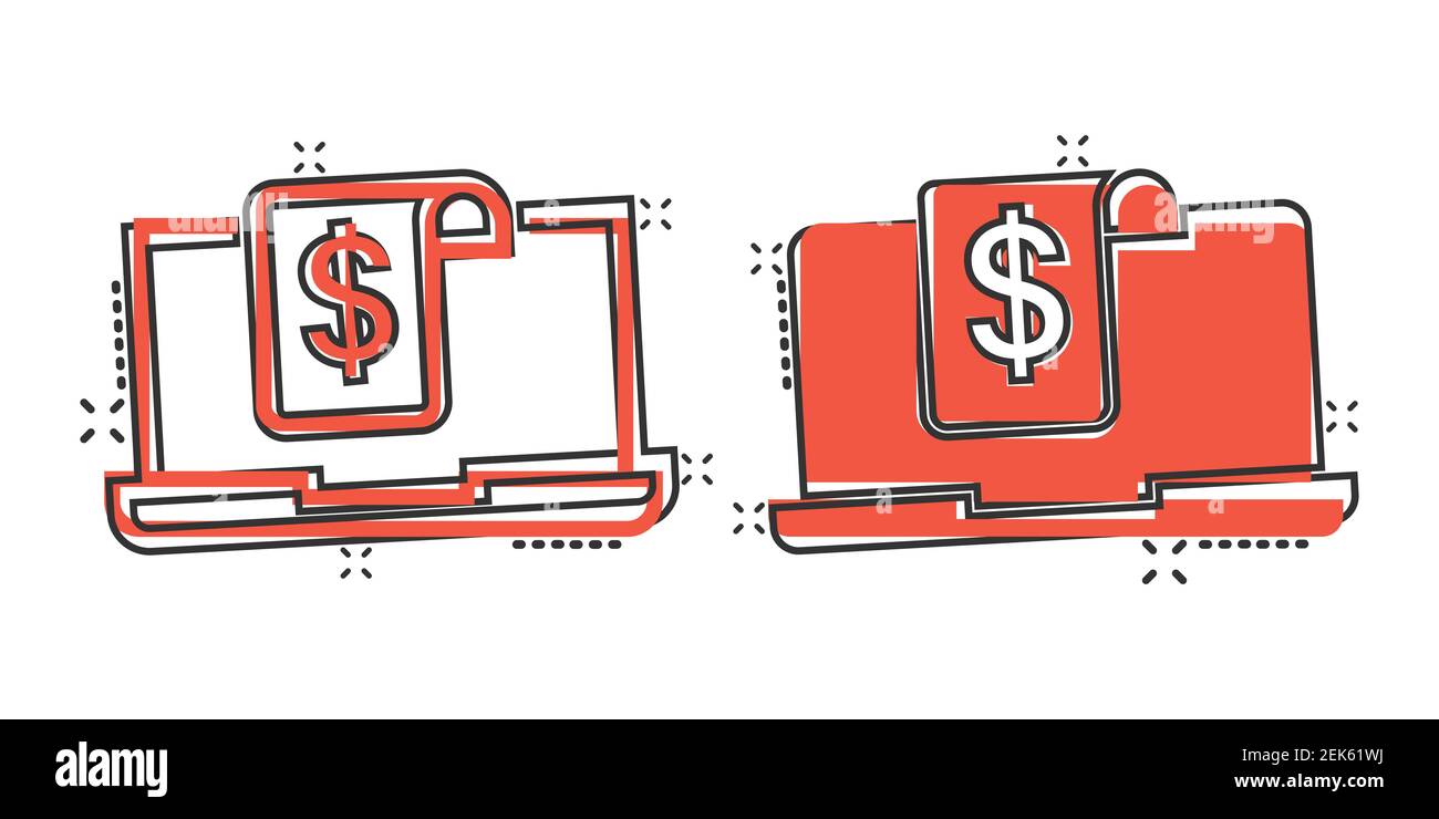 Laptop with money icon in comic style. Computer dollar cartoon vector ...