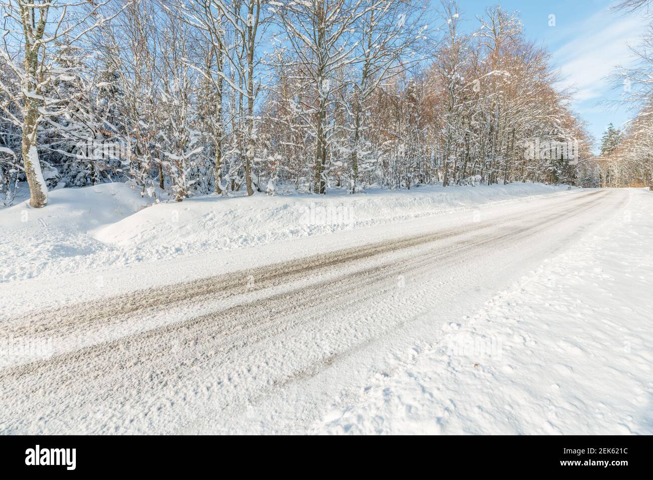 Slippery frosty road in snowy mountain in winters; France Stock Photo ...