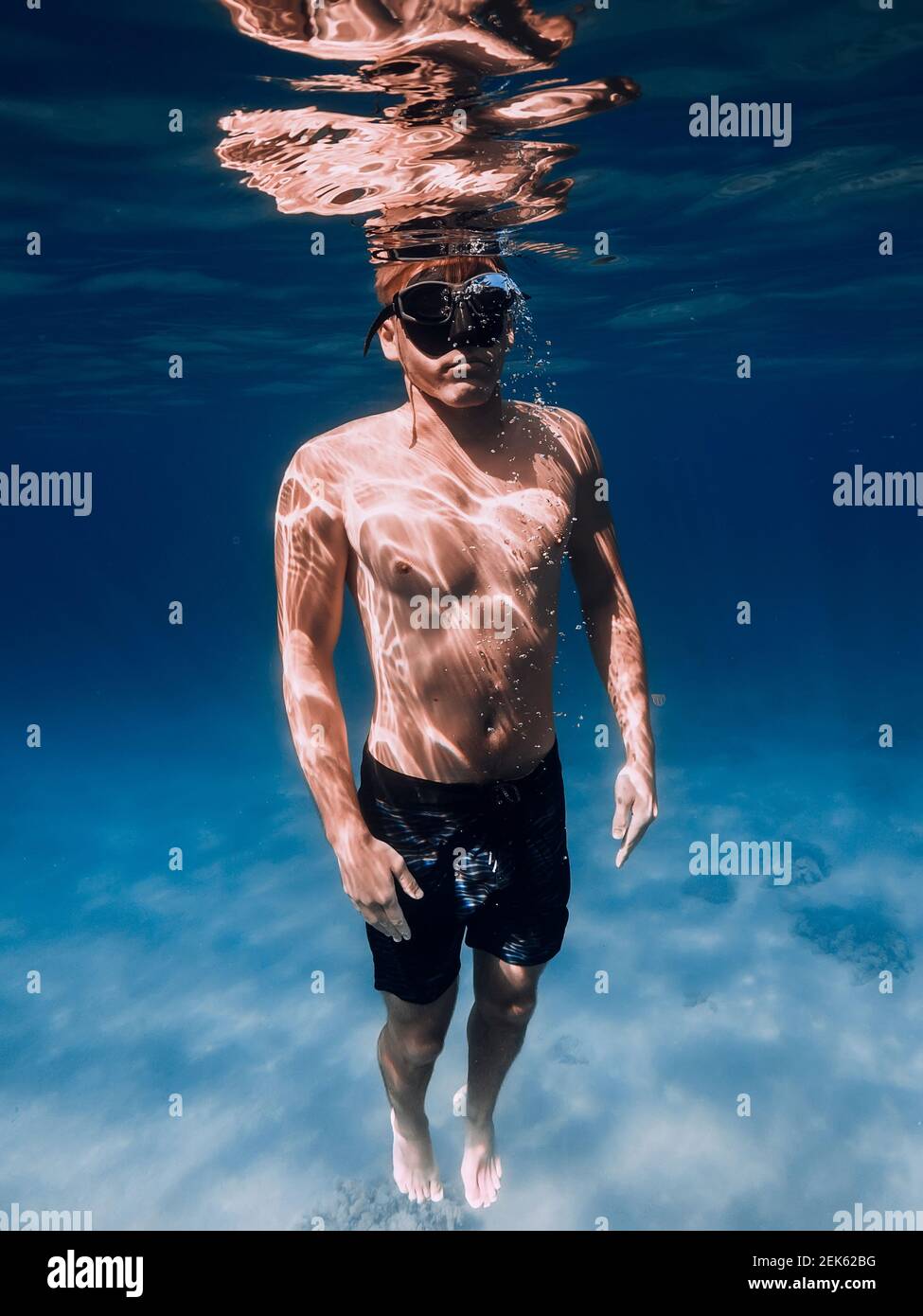 Male free diver glides underwater in blue ocean in Hawaii. Sporty man ...