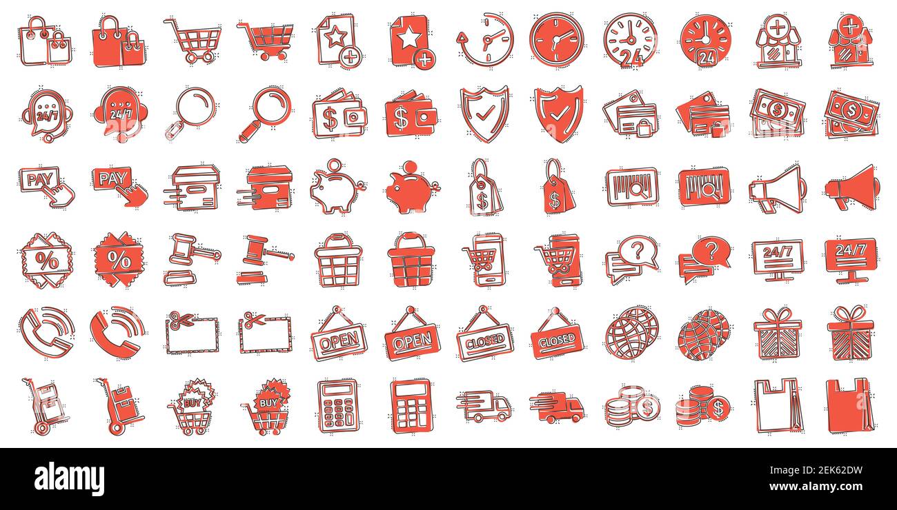 Shopping icon set in comic style. Online commerce cartoon vector ...