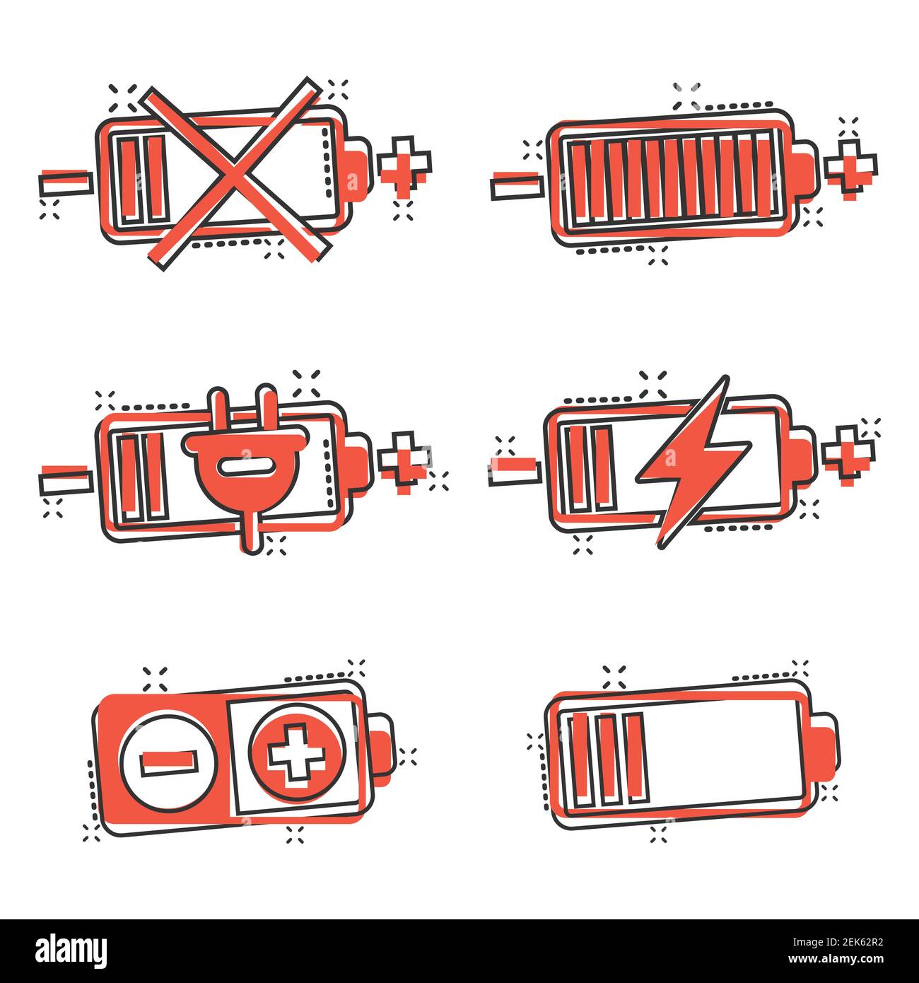 Battery charge icon set in comic style. Power level cartoon vector ...