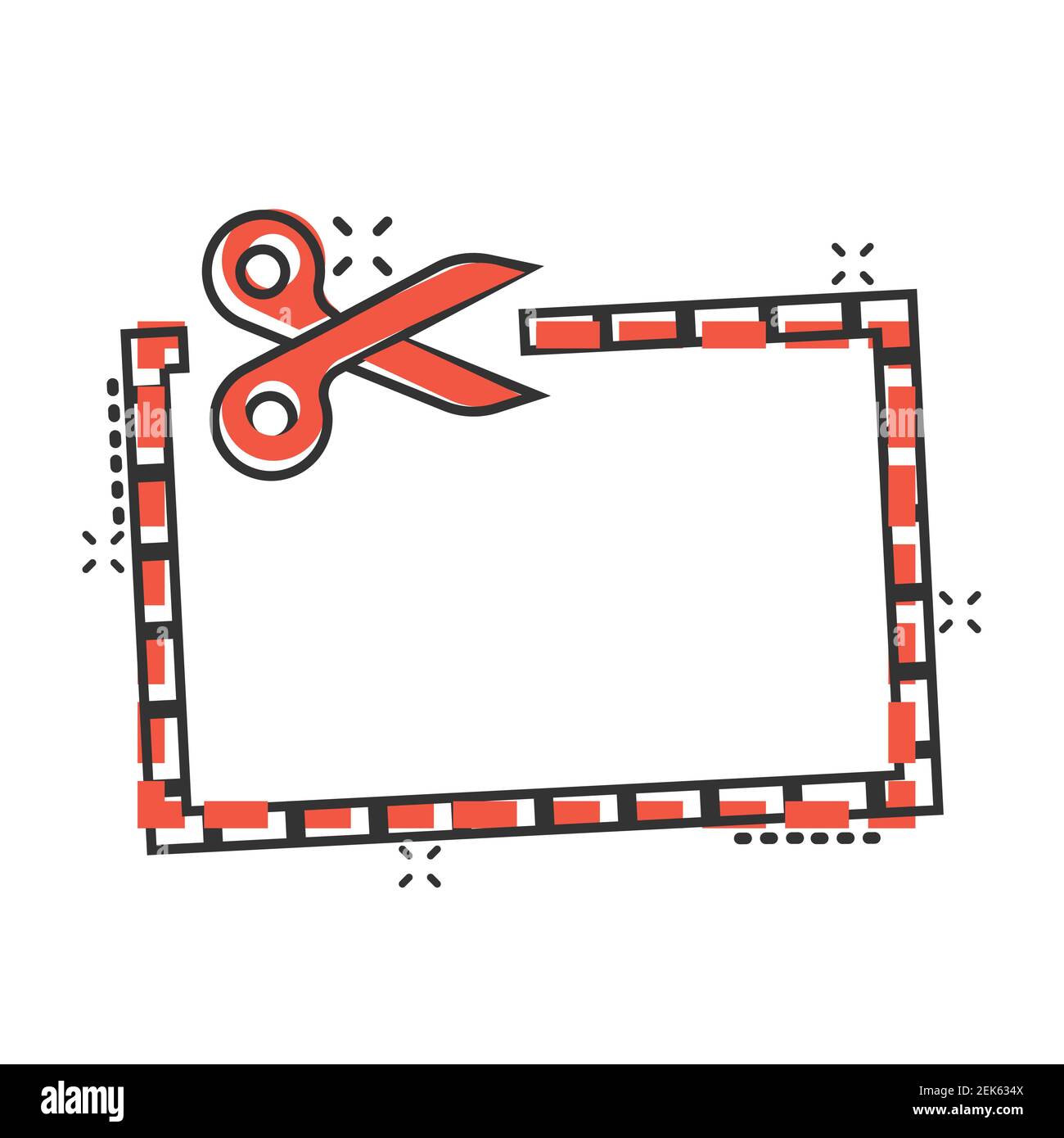 Coupon cut lines icon in comic style. Scissors snip cartoon sign vector ...