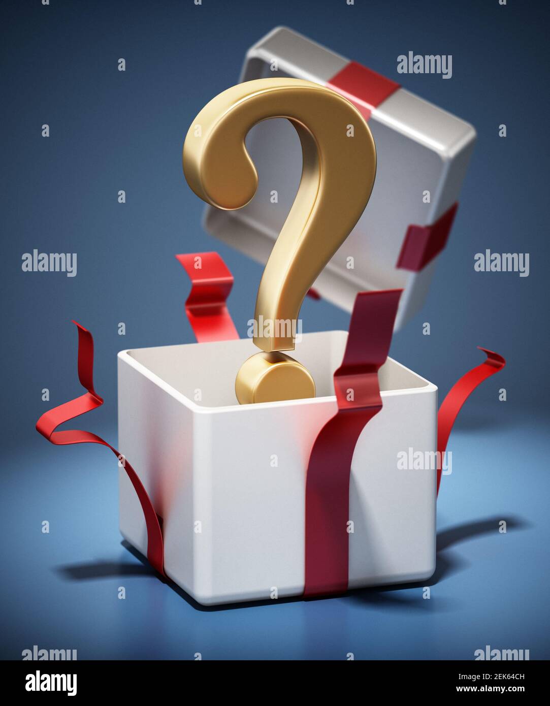 Gold question mark inside open giftbox. 3D illustration Stock Photo - Alamy