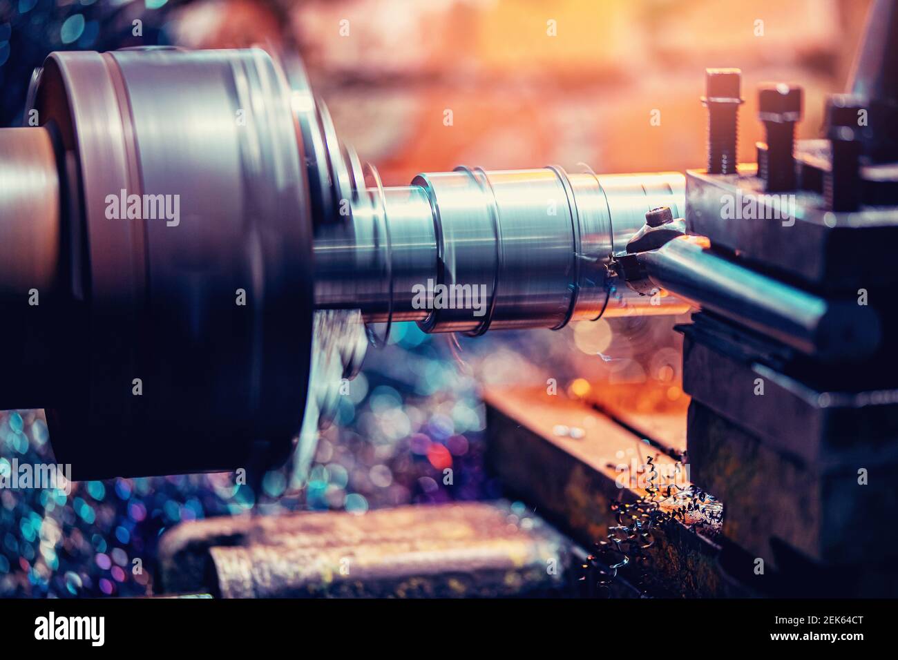 Machine iron tools CNC cut of metal with light spark, technology modern ...