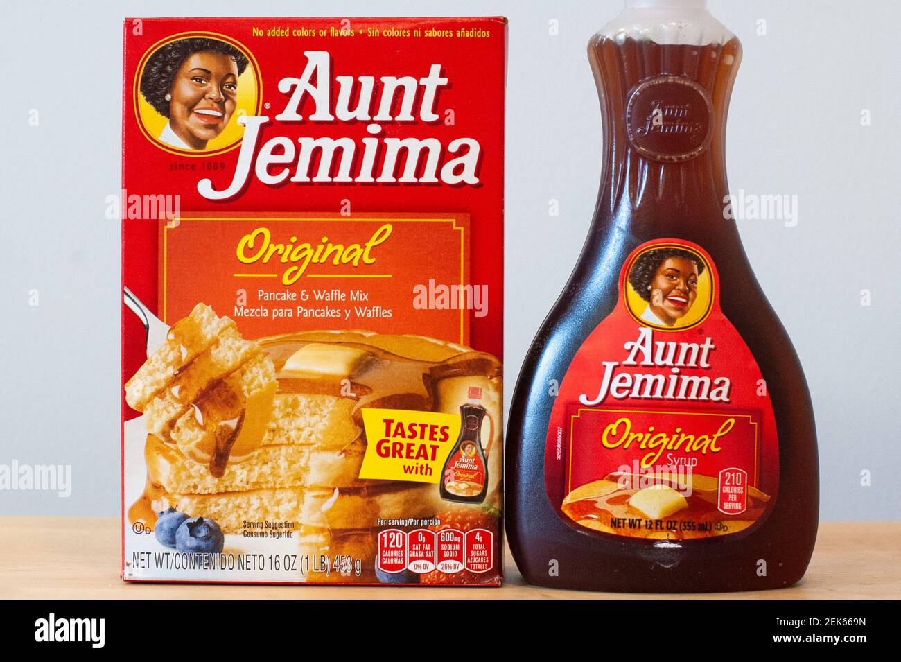 A package of Aunt Jemima Original Pancake & Waffle Mix and a bottle of ...