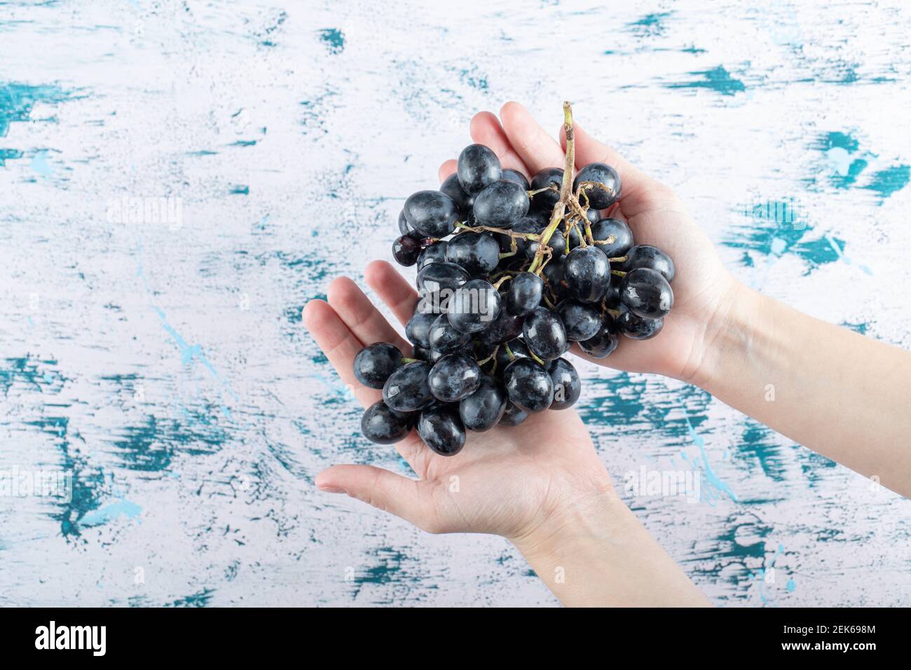 Hand holding a bunch of dark fresh grape on a colorful background Stock ...