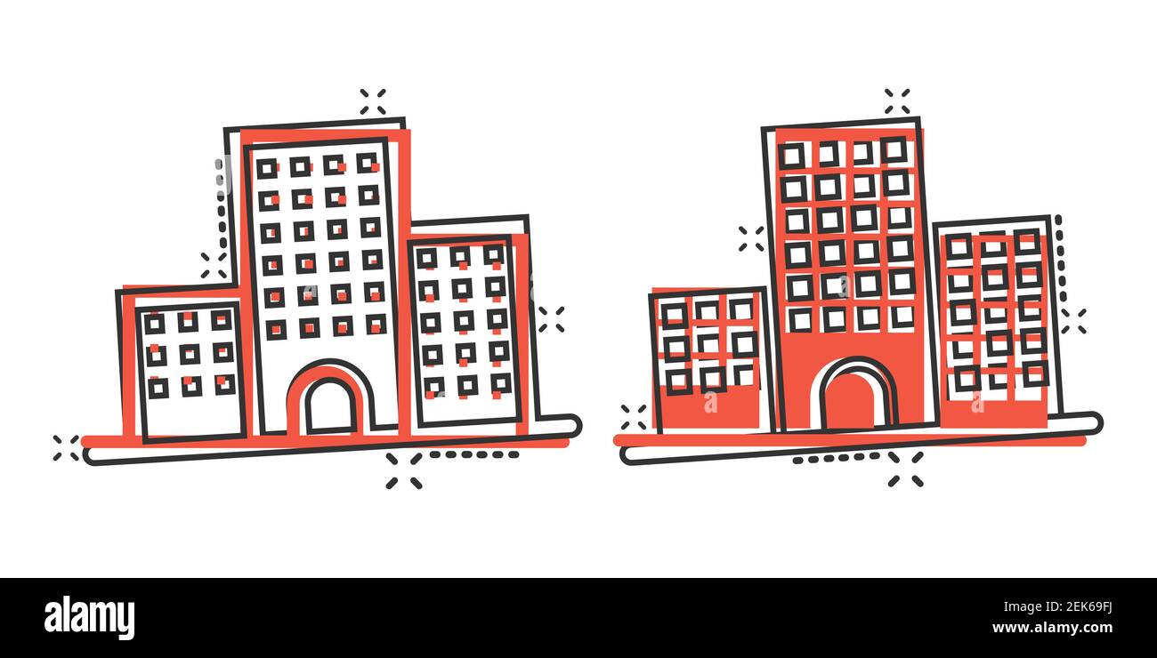 Building icon in comic style. Town skyscraper apartment cartoon vector ...