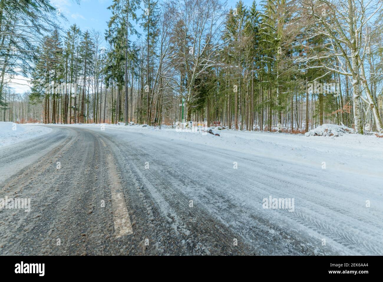 Slippery frosty road in snowy mountain in winters; France Stock Photo ...